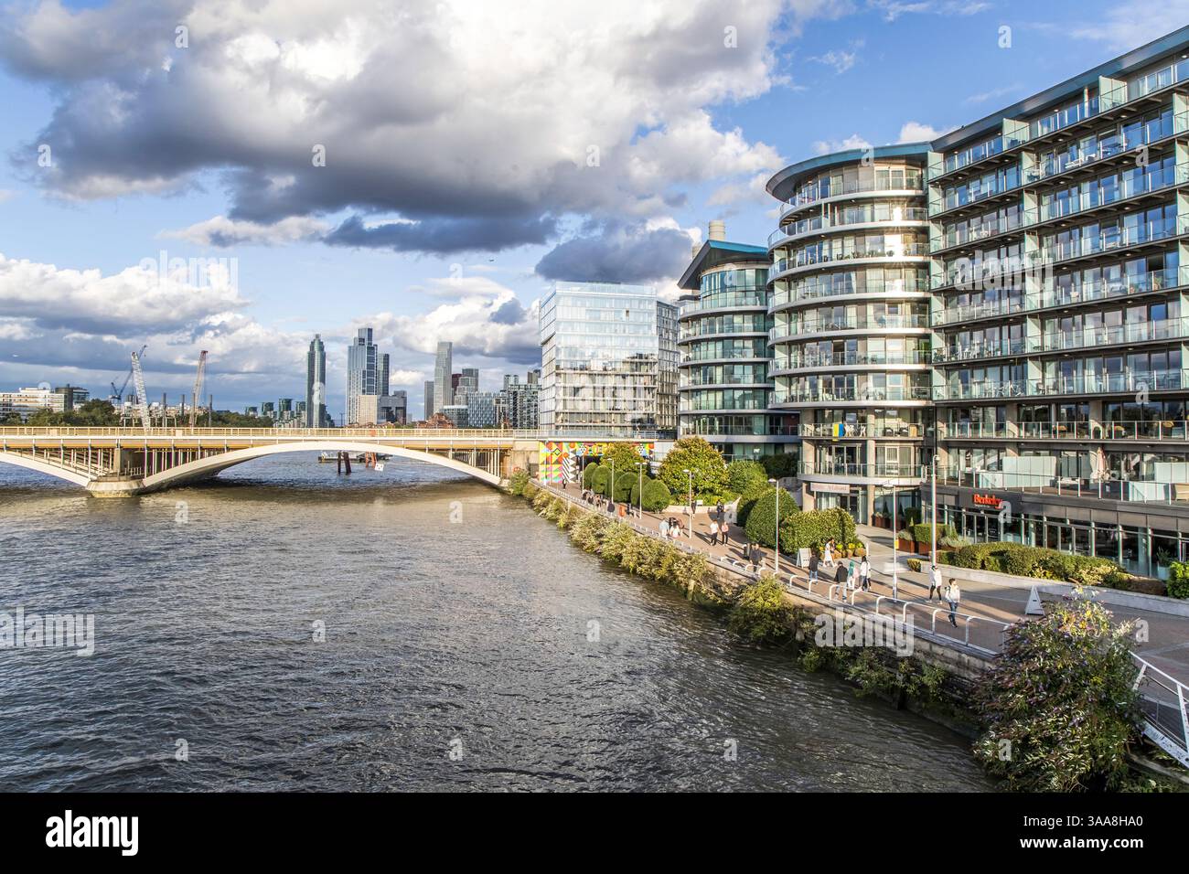 London, UK- August 6, 2023: Battersea Southbank Riverside walk along ...