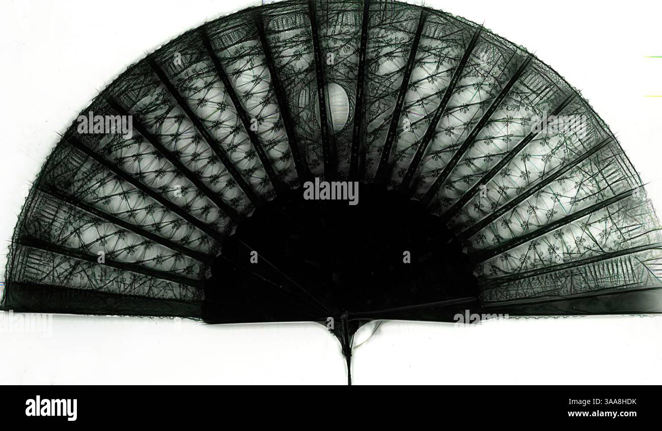 An intricately designed black lace fan, featuring delicate patterns and ...