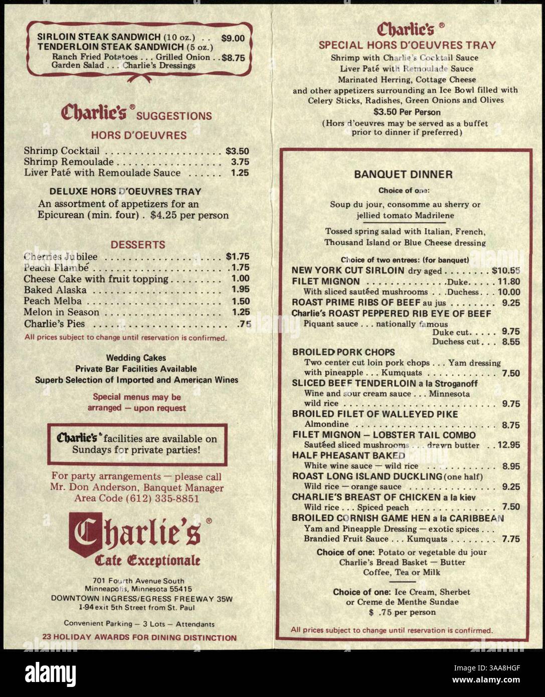 The 1974 charlies cafe exceptionale banquet menu offers a selec hi-res ...