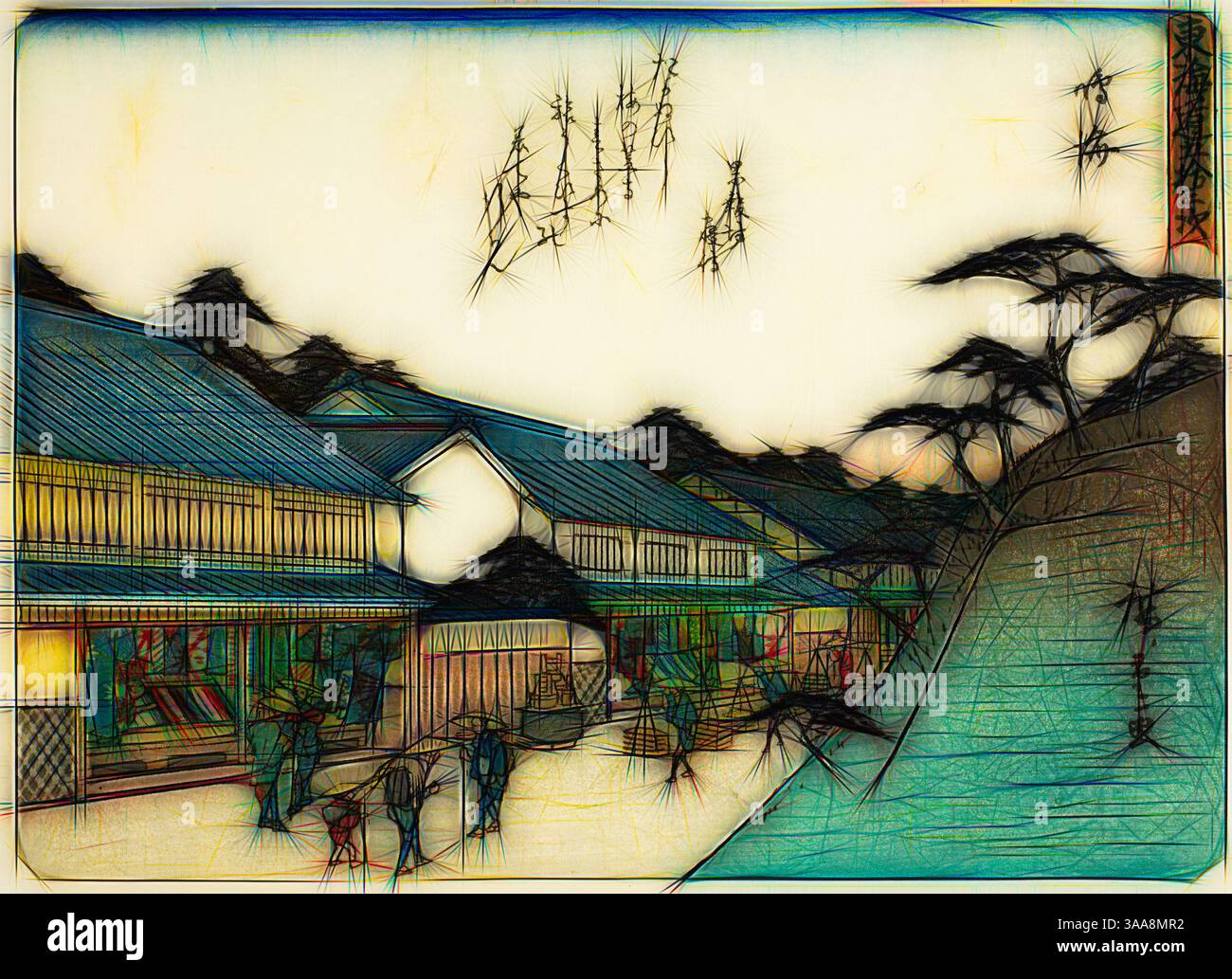 A quaint street scene features traditional buildings under a dusky sky ...