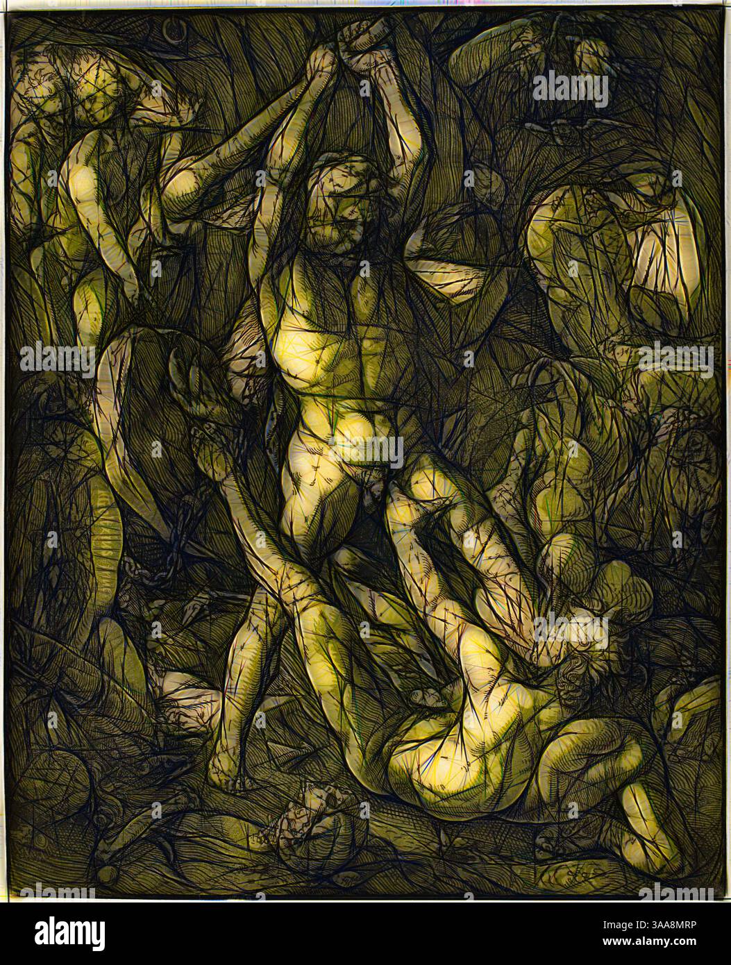 A dynamic scene depicting a struggle among several figures, showcasing ...