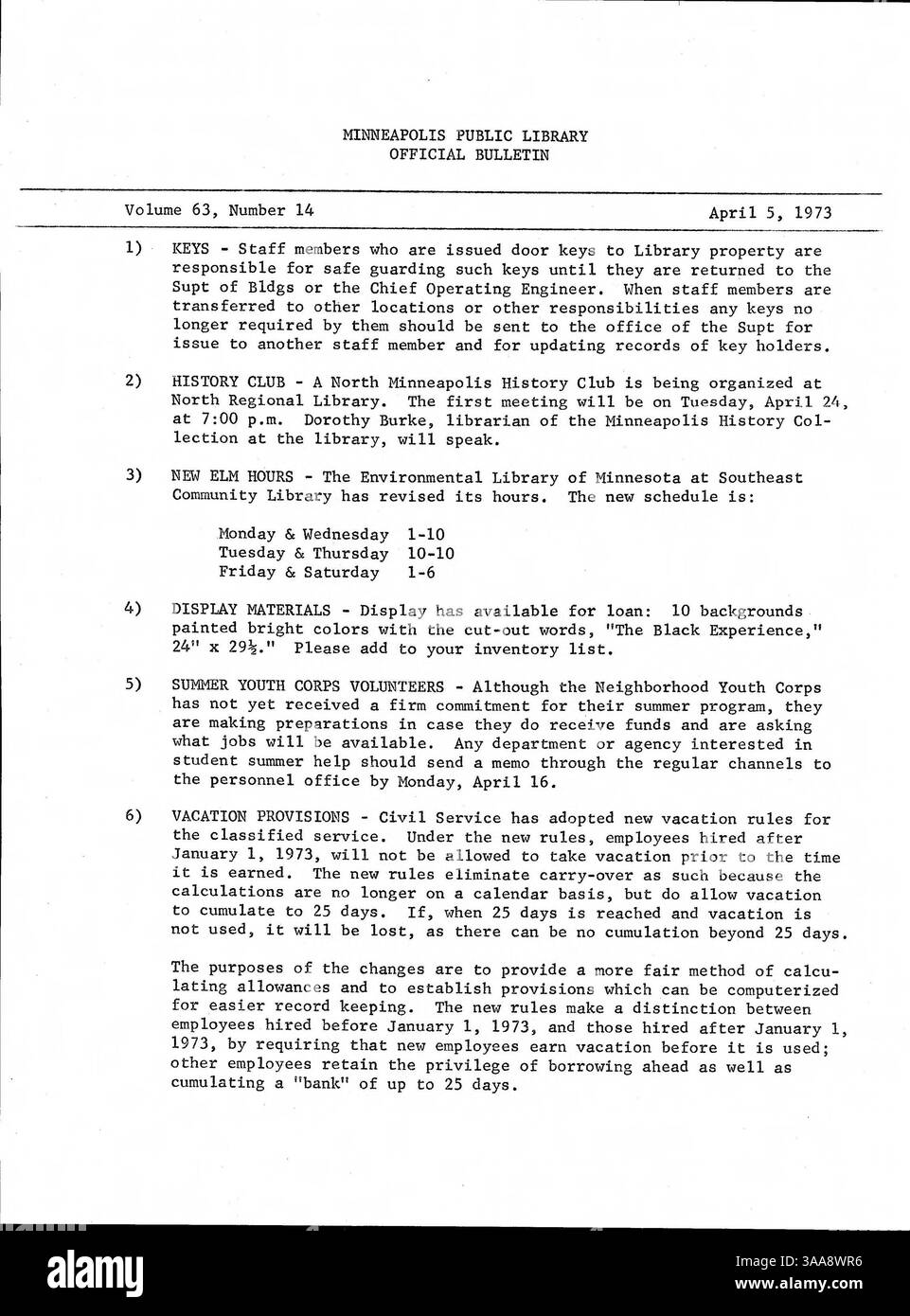 This official 1973 bulletin provides weekly updates to Minneapolis ...