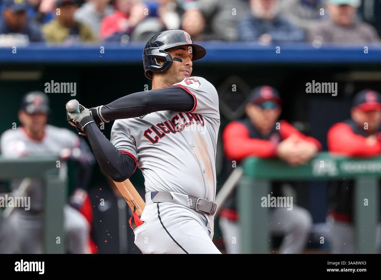 March 30, 2025: Cleveland Guardians shortstop Brayan Rocchio (4) bats ...