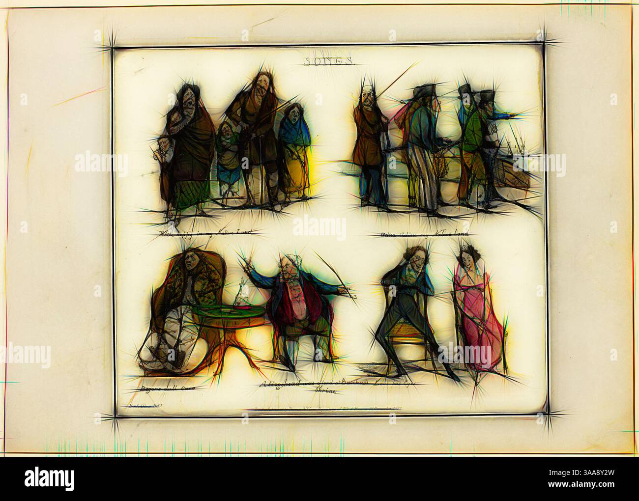 A collection of illustrated scenes depicting various characters in ...