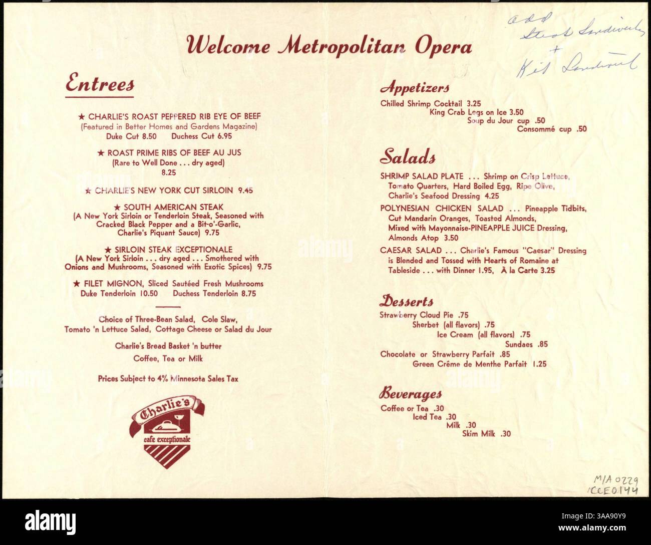 The 1974 menu from Charlie's Cafe Exceptionale at the Metropolitan ...