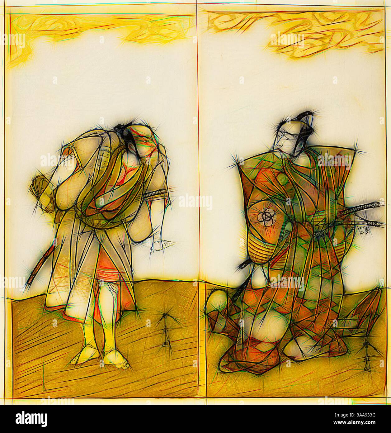 Two figures dressed in traditional attire engage in a silent exchange ...