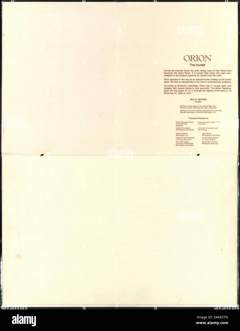 The Orion Room Dinner Menu, enclosed in a booklet with a gold cord ...