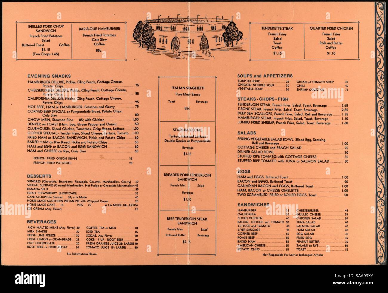 The stadium cafe provides a bi fold laminated menu featuring foo hi-res ...