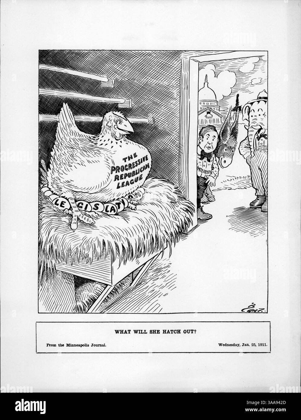 The political cartoon 'What Will She Hatch Out?' uses imagery of a hen ...