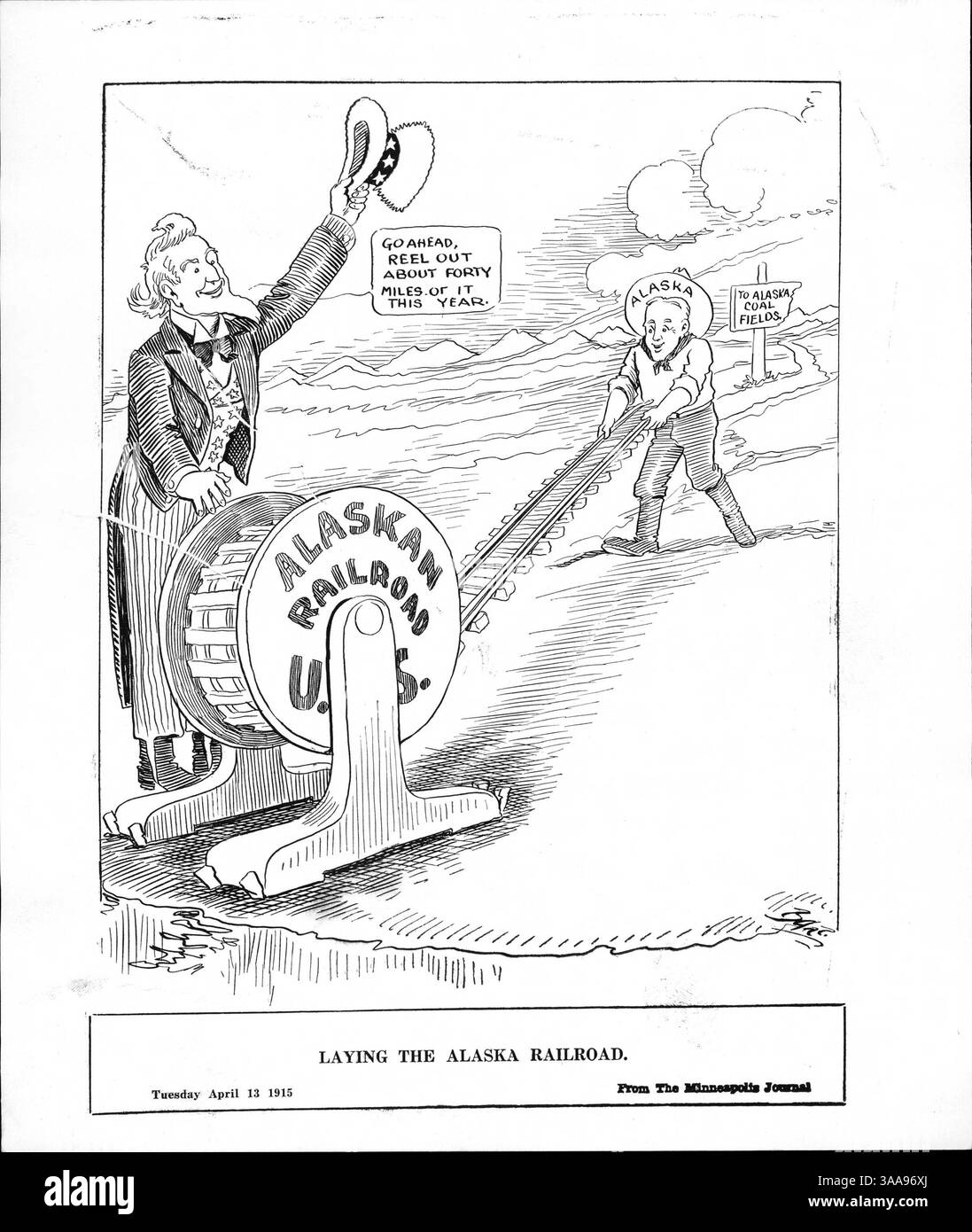 A political cartoon depicting the construction of the Alaska Railroad ...