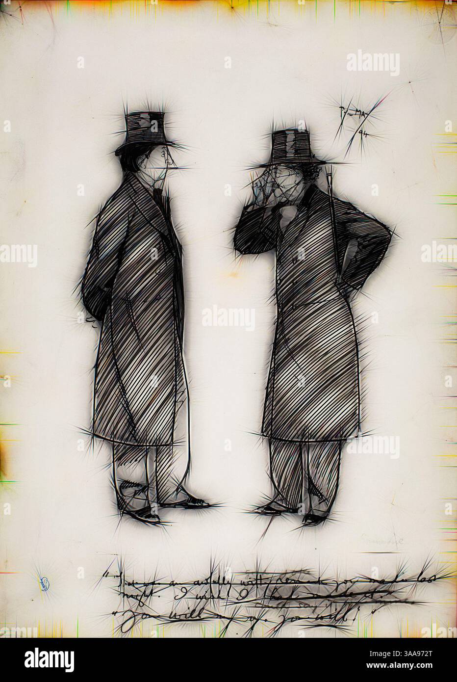 Two elegantly dressed gentlemen stand facing each other, each in a long ...