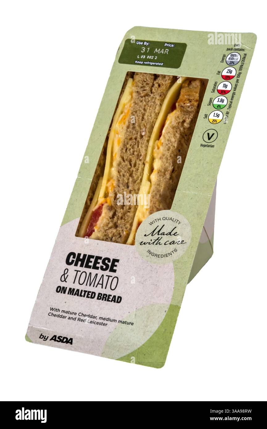 A pre-packaged Asda Cheese & Tomato sandwich on malted bread Stock ...