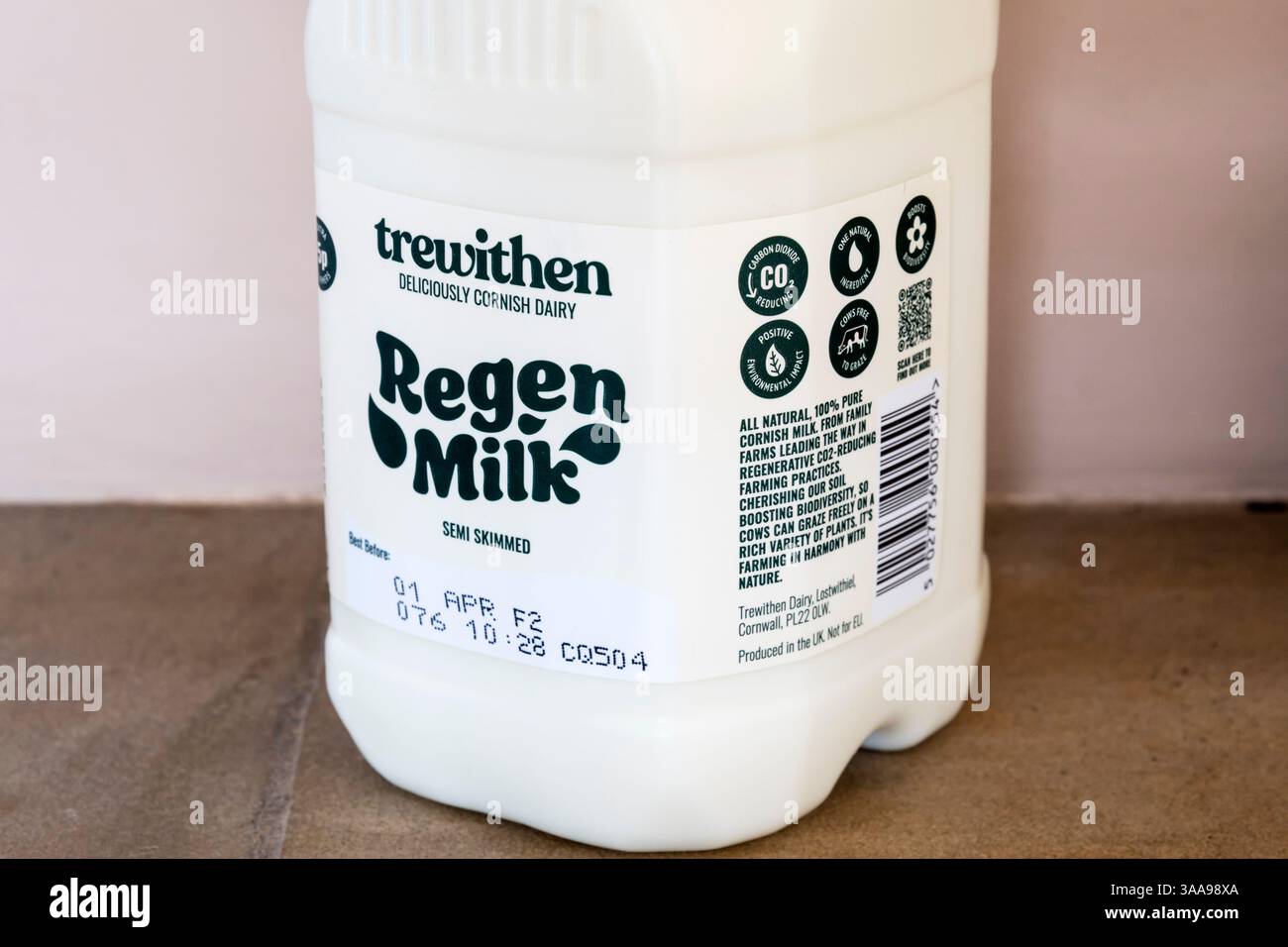 A plastic bottle of Trewithen Regen Milk. Made from milk at farms ...