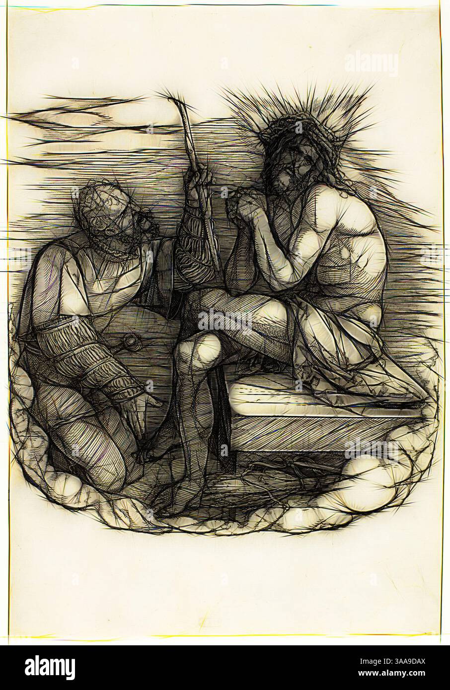 A solemn scene depicts two figures in an intense moment of ...