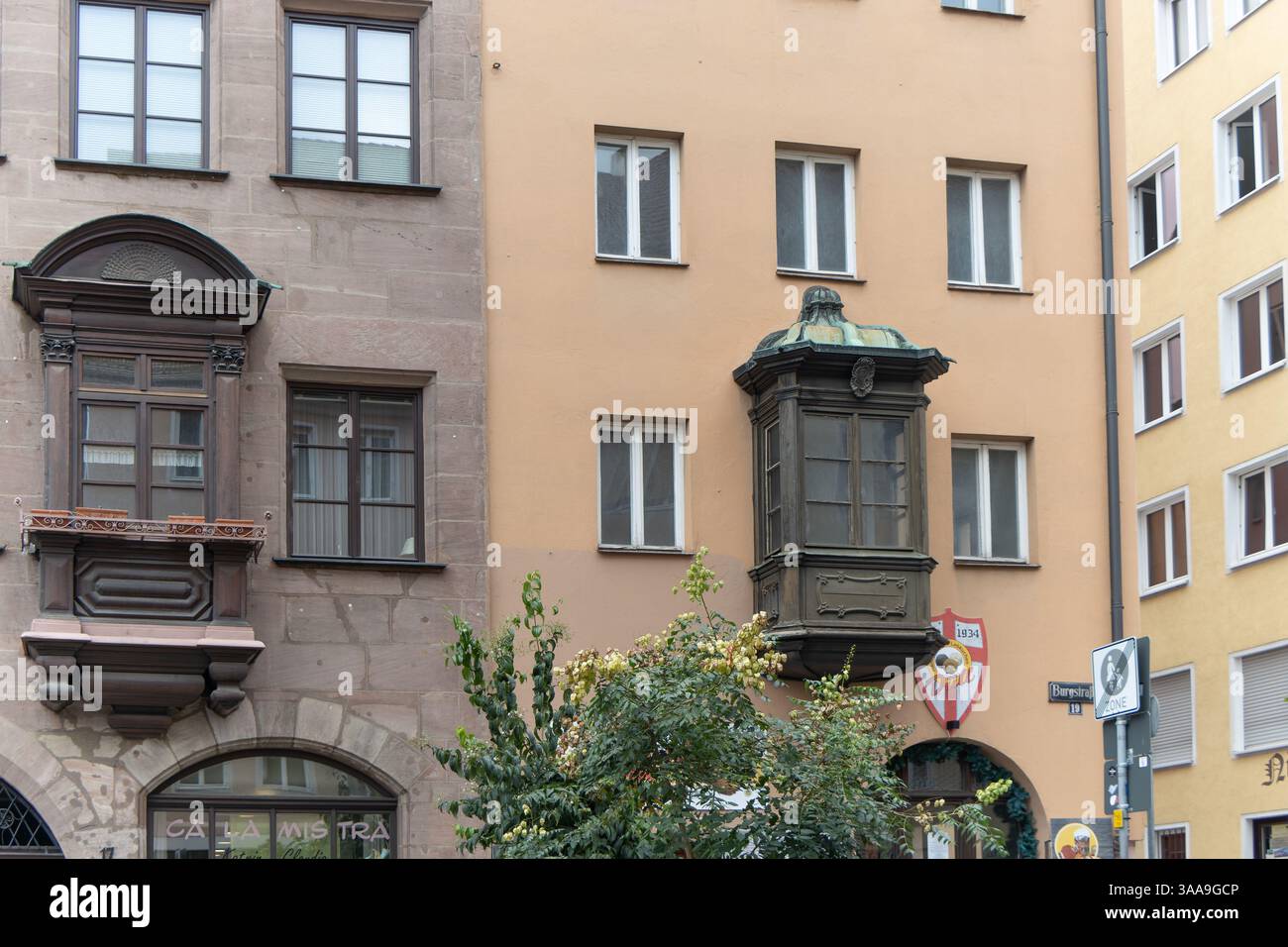 Nuremberg, Germany. Old Nuremberg building with a wooden carved bay ...