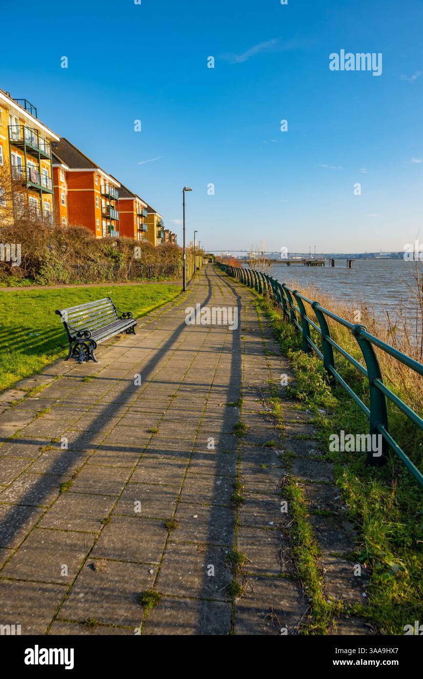 Thames side walkway and housing at Purfleet Essex Stock Photo - Alamy