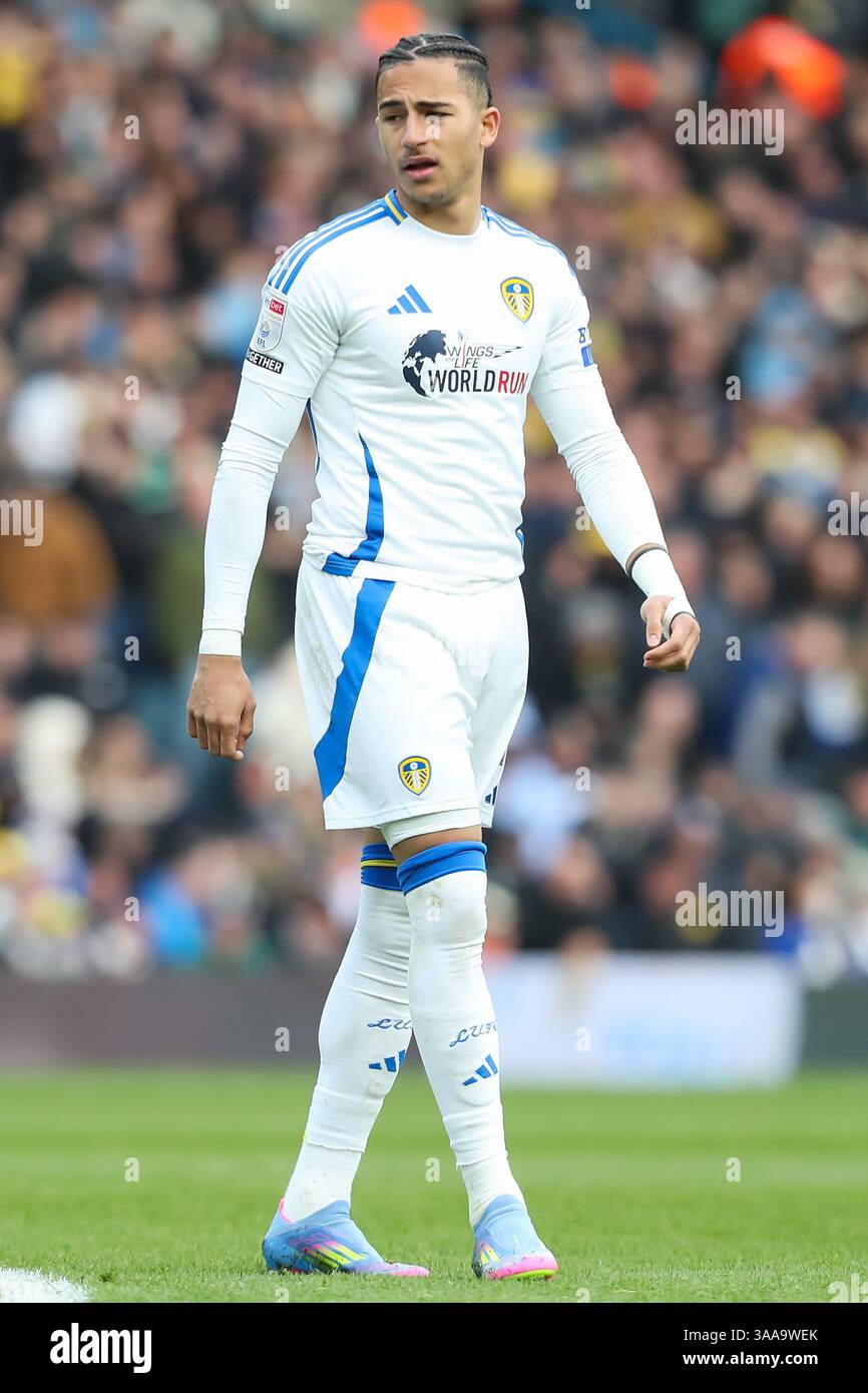 Leeds, UK. 29th Mar, 2025. Mateo Joseph of Leeds United during the ...