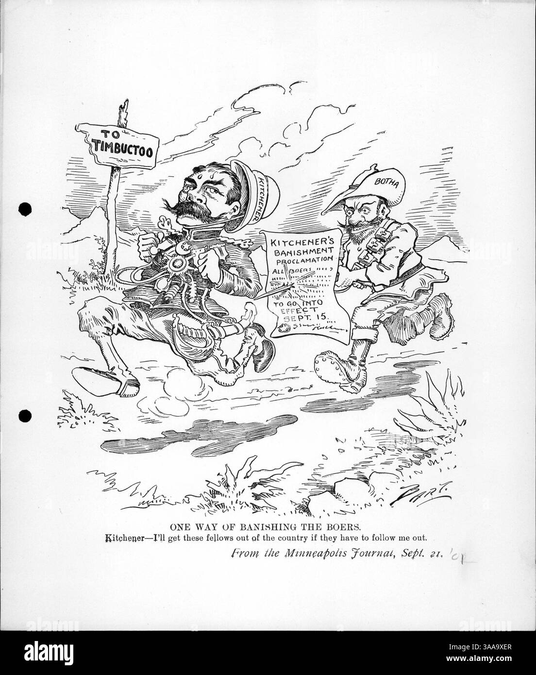 This cartoon depicts Louis Botha, leader of the Boer Army, chasing ...