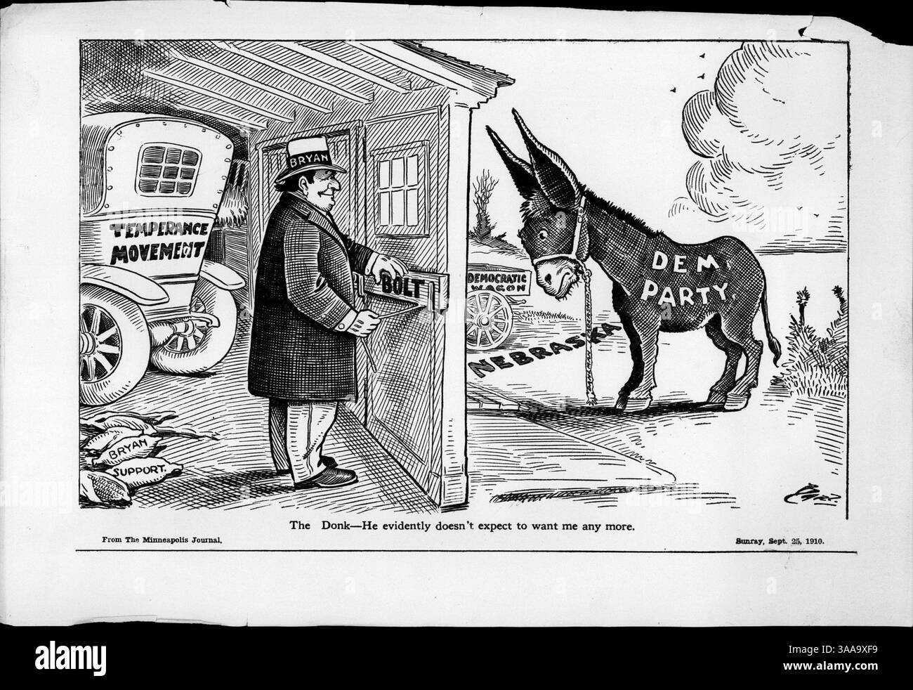 This political cartoon features william jennings bryan inside a garage ...