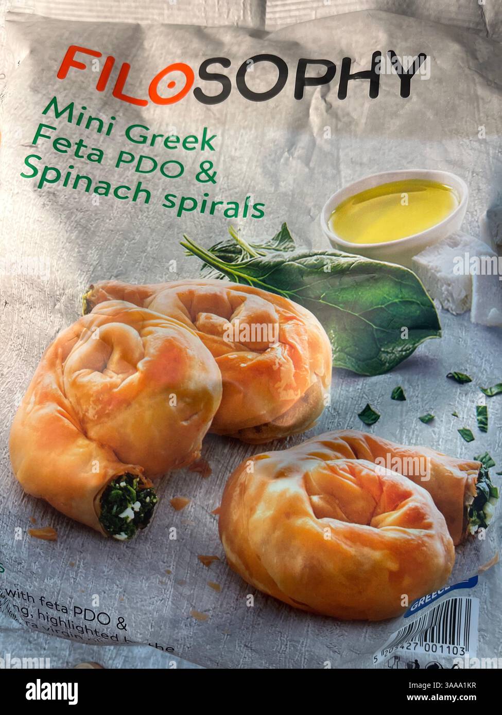 Filosophy mini Greek feta PDO spinach spirals, frozen pastry, packaging ...