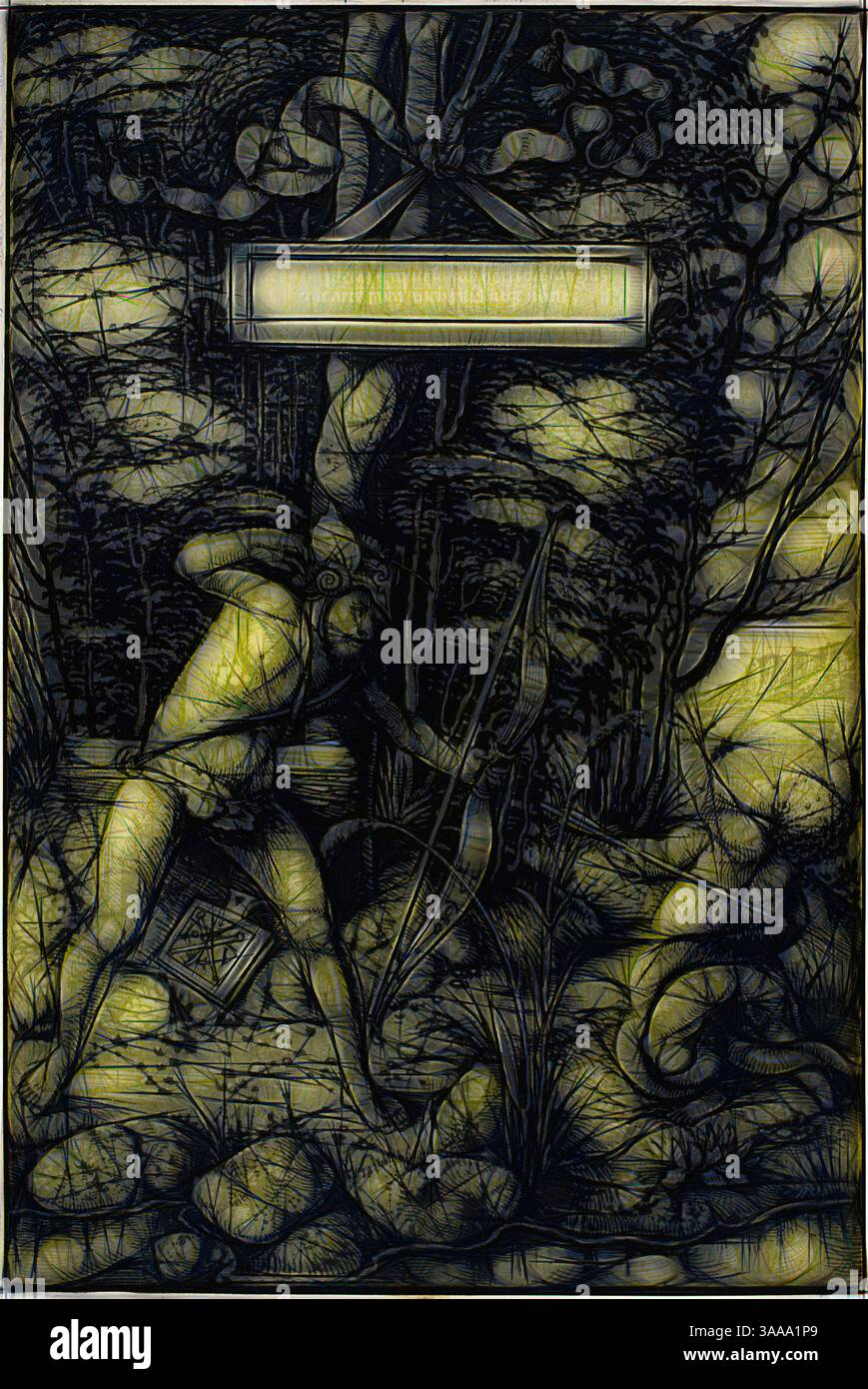 A figure stands in a dense, fantastical landscape, poised with a bow ...