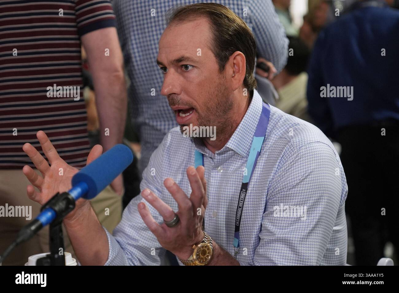 Indianapolis Colts head coach Shane Steichen is interviewed at the NFL ...