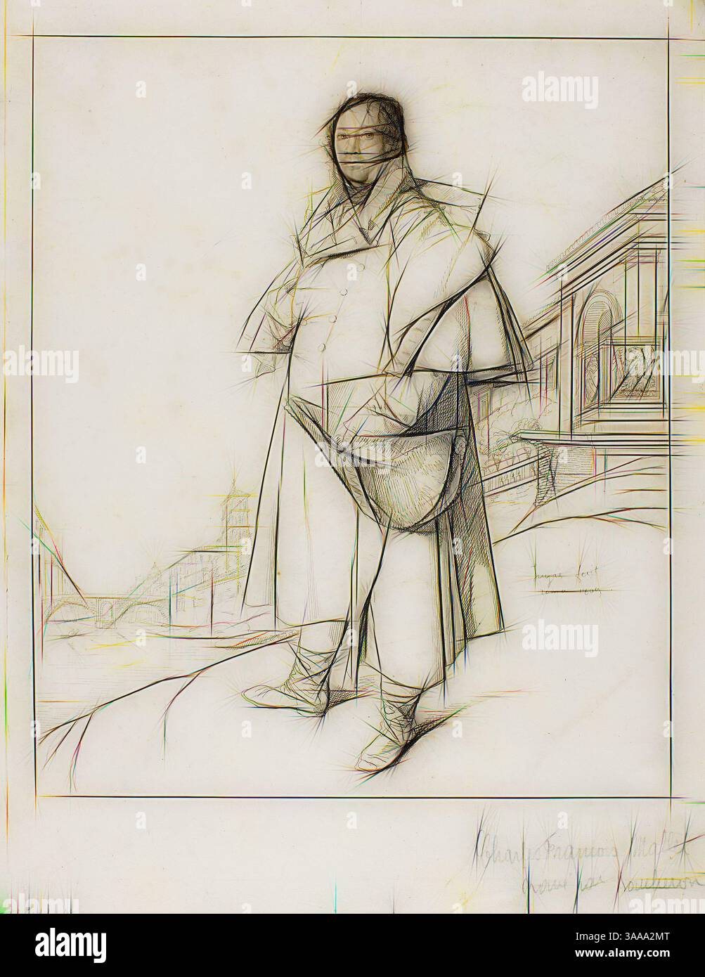 A figure stands confidently in a long coat, with a satchel slung over ...