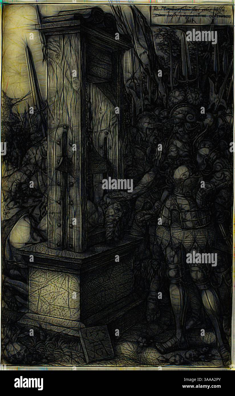 A heavily armored figure stands beside a guillotine, holding a severed ...