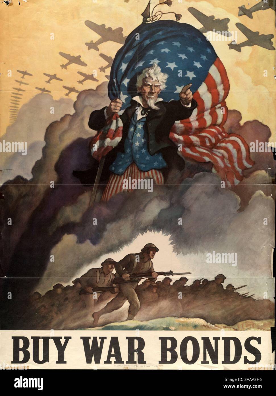 This 1942 poster shows Uncle Sam holding the U.S. flag and pointing ...