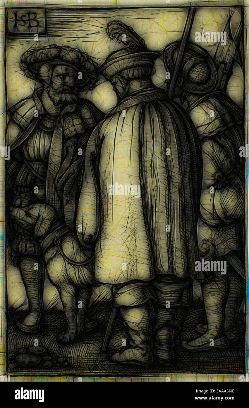 Group of three figures in elaborate historical attire engage in hi-res ...
