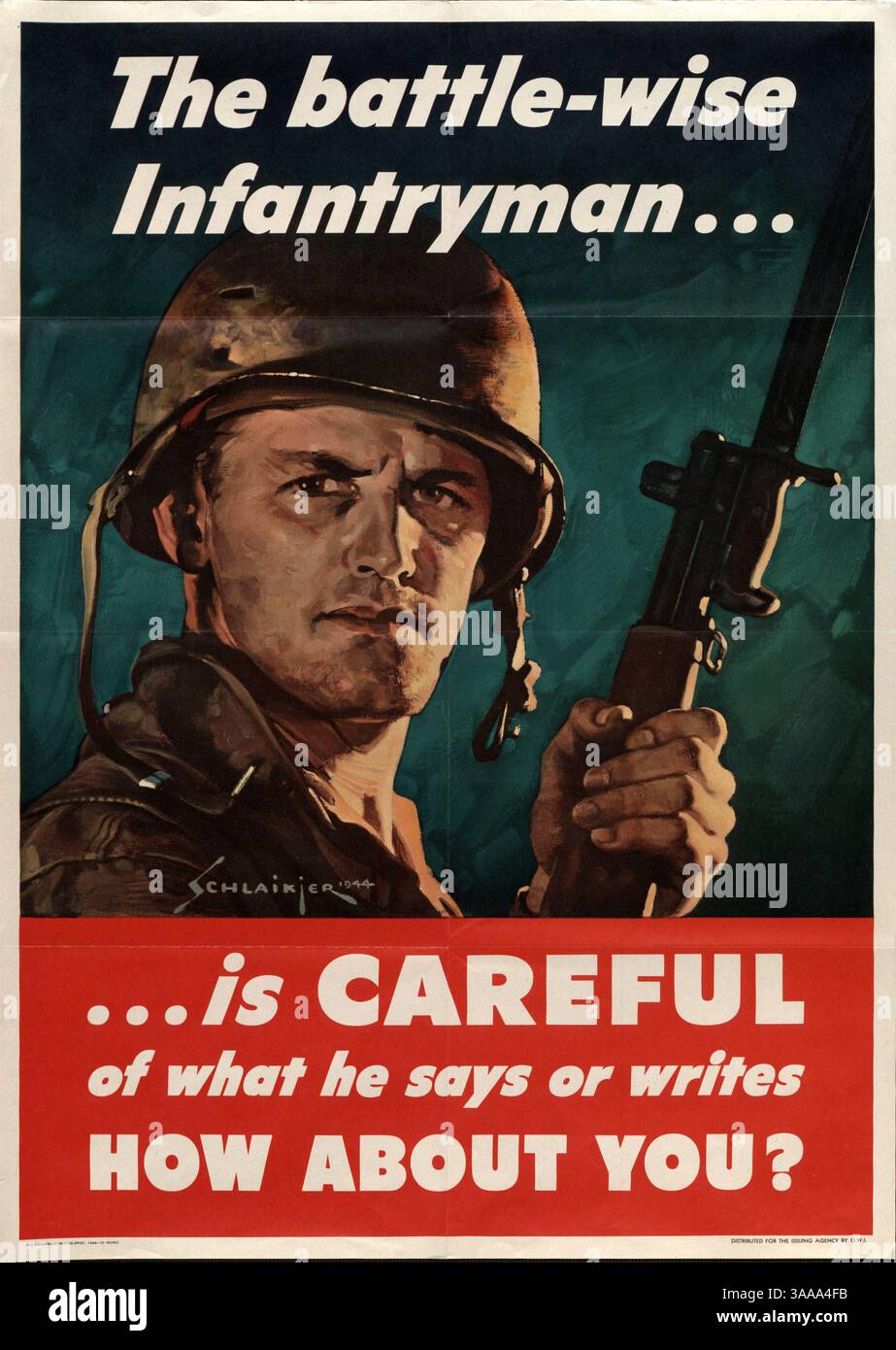 This poster features a GI soldier standing guard with a rifle and ...