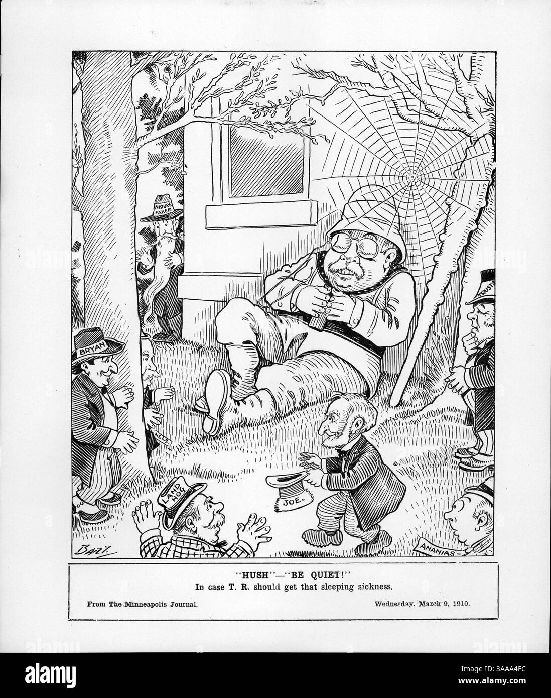 A cartoon depicting Theodore Roosevelt asleep, surrounded by various ...