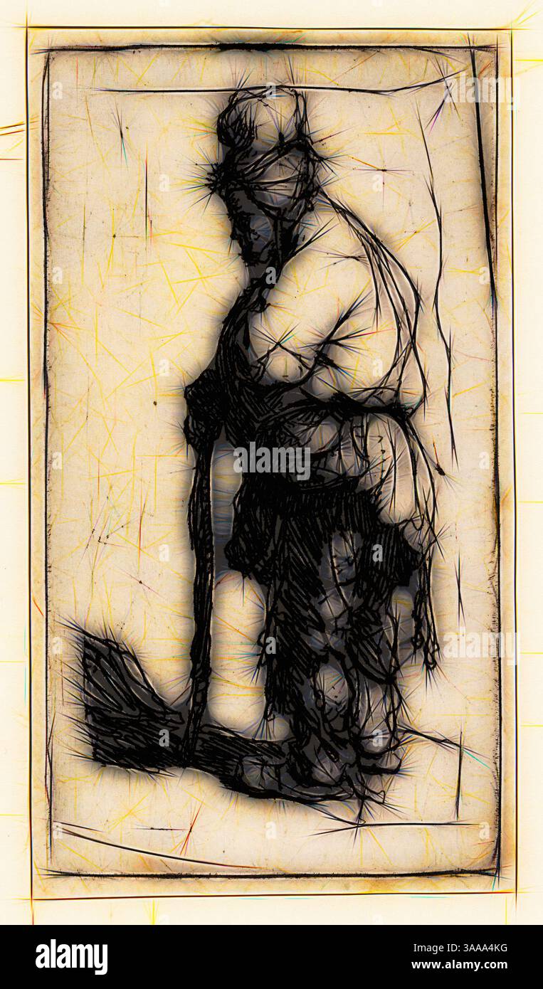 A solitary figure is depicted, hunched over with a sweeping motion ...