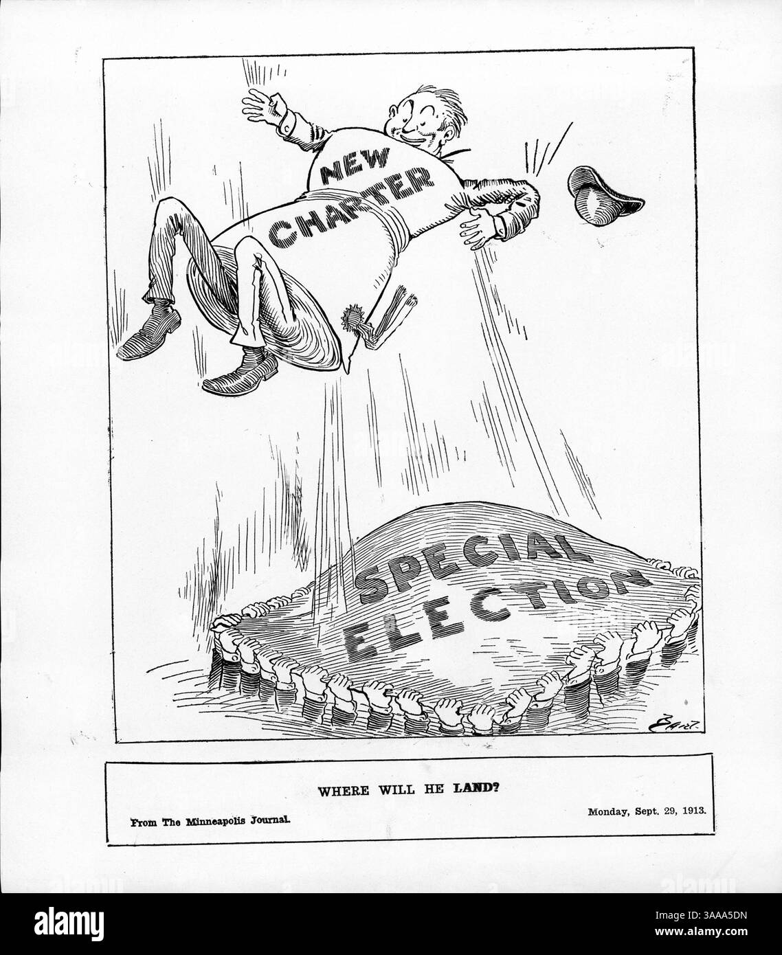 A political cartoon featuring a man labeled 'New Charter' being bounced ...