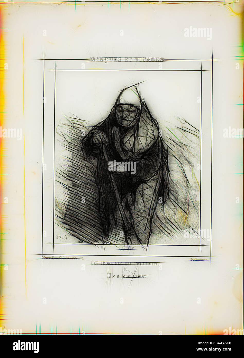 An elderly figure stands hunched over, clutching a cane for support ...