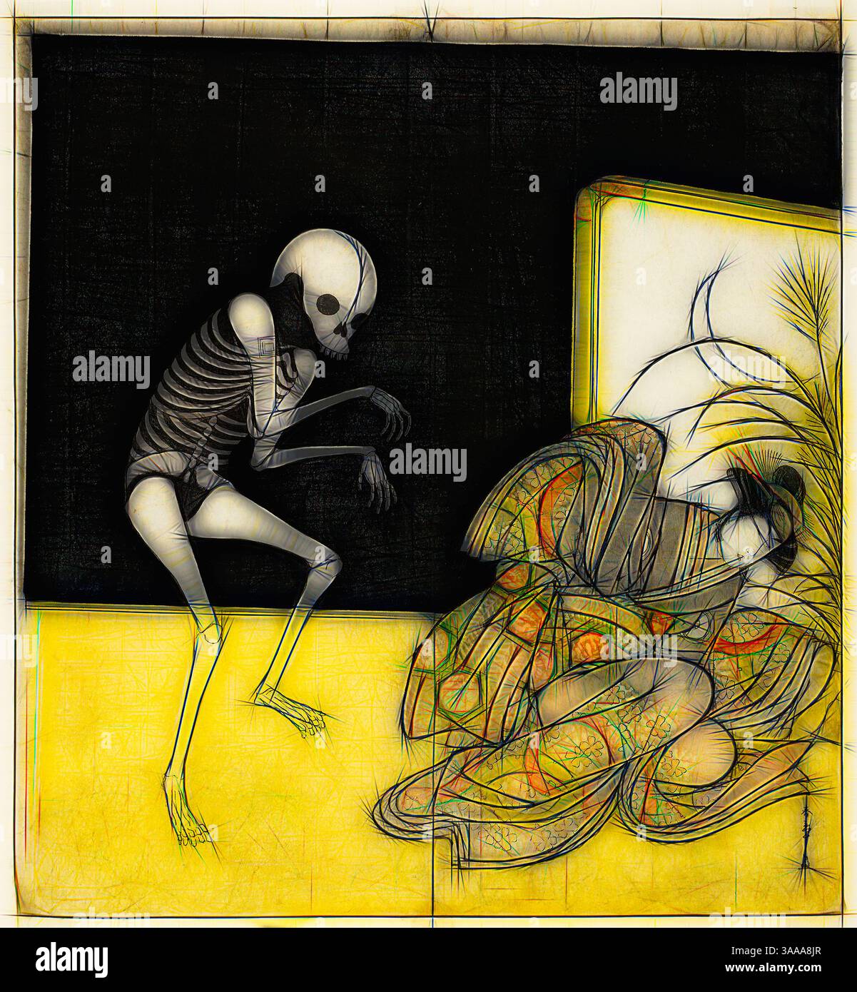 A skeletal figure looms over a reclining form, shrouded in vibrant ...