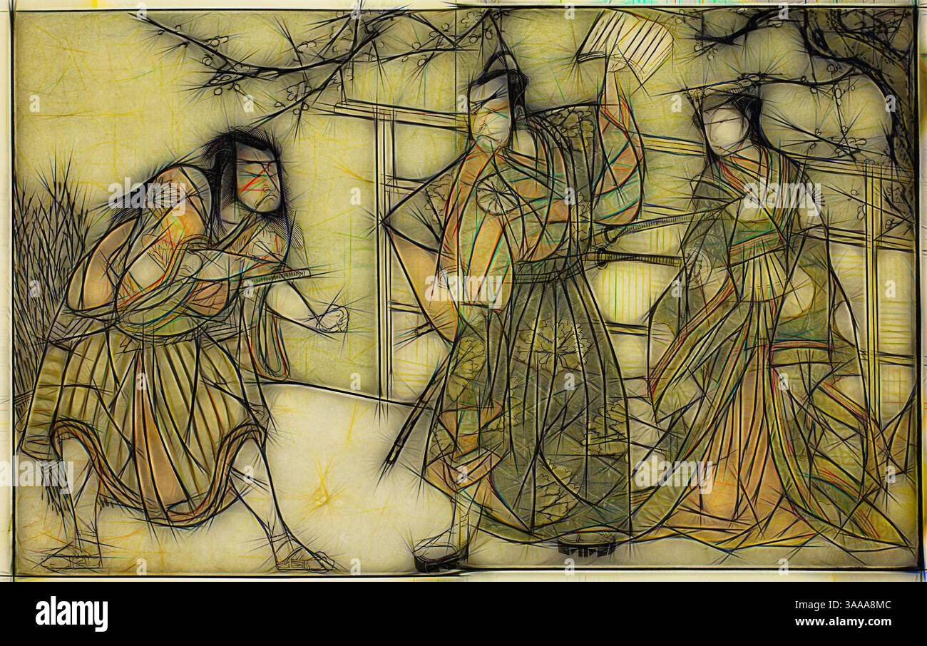 Three figures in traditional attire engage in a dynamic scene, set ...