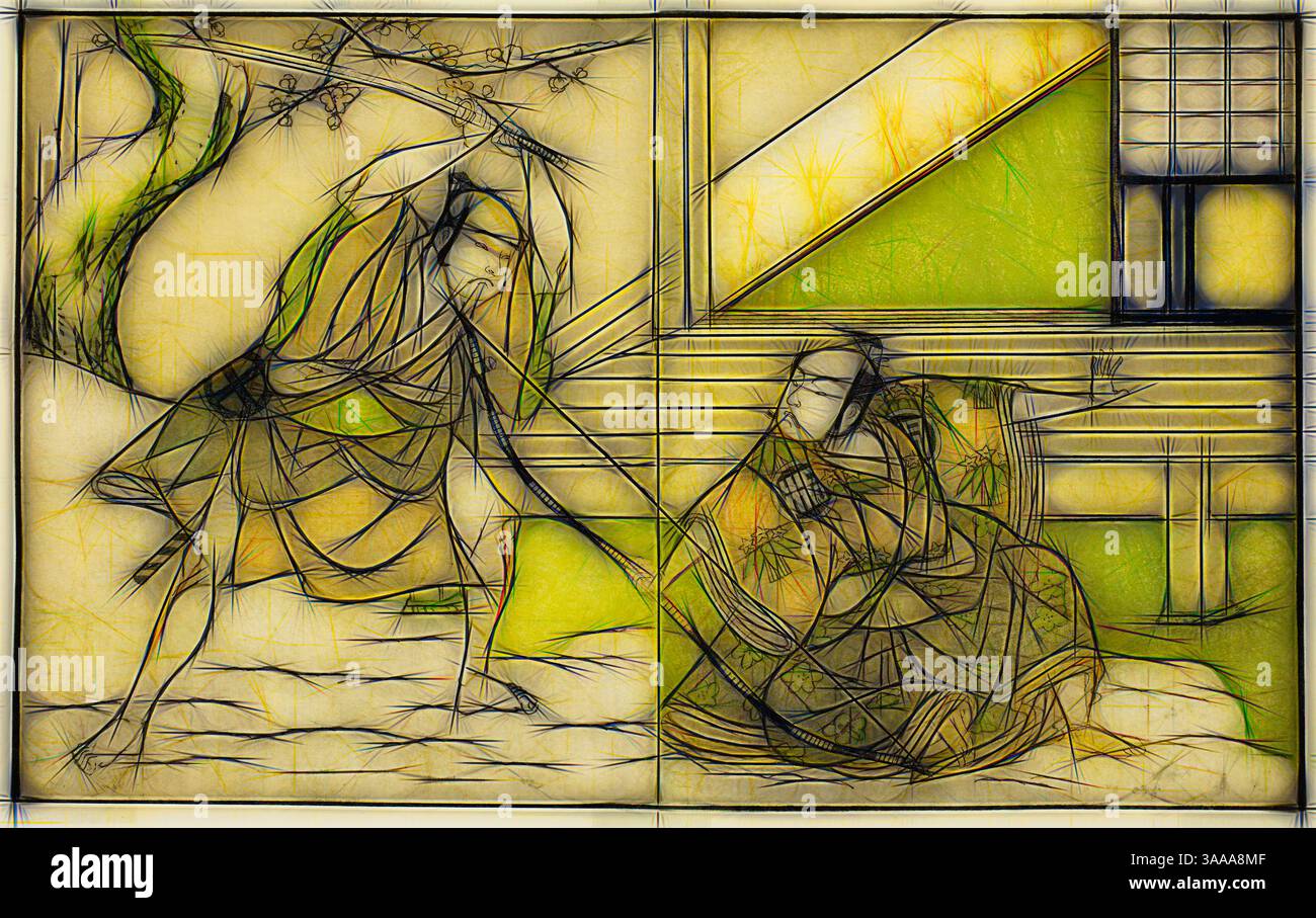 A traditional scene captures two figures in a stylized setting, one ...