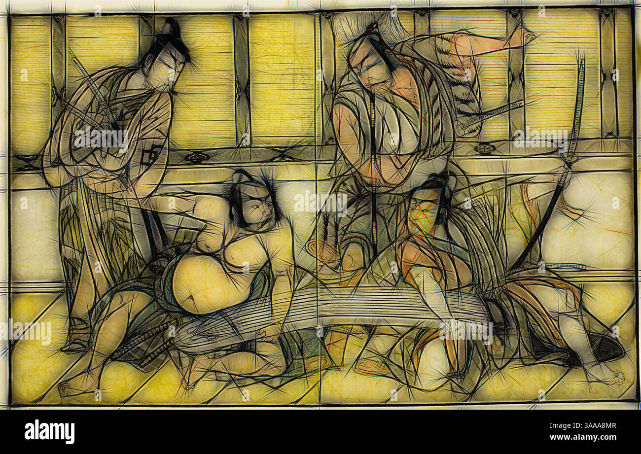 A dynamic scene of four sumo wrestlers is captured in a stylized ...