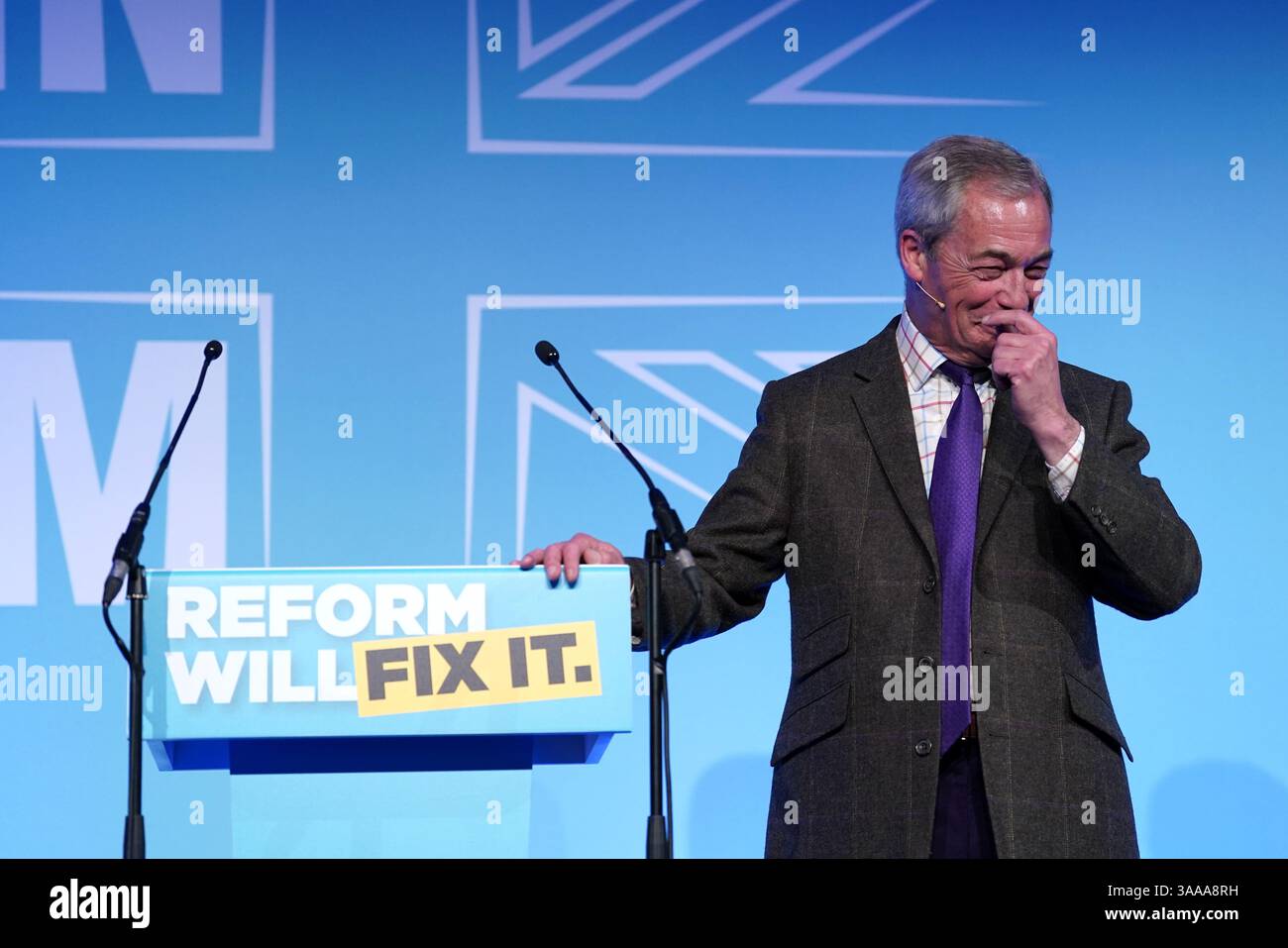 Reform UK leader Nigel Farage speaks during Reform UK's local election ...