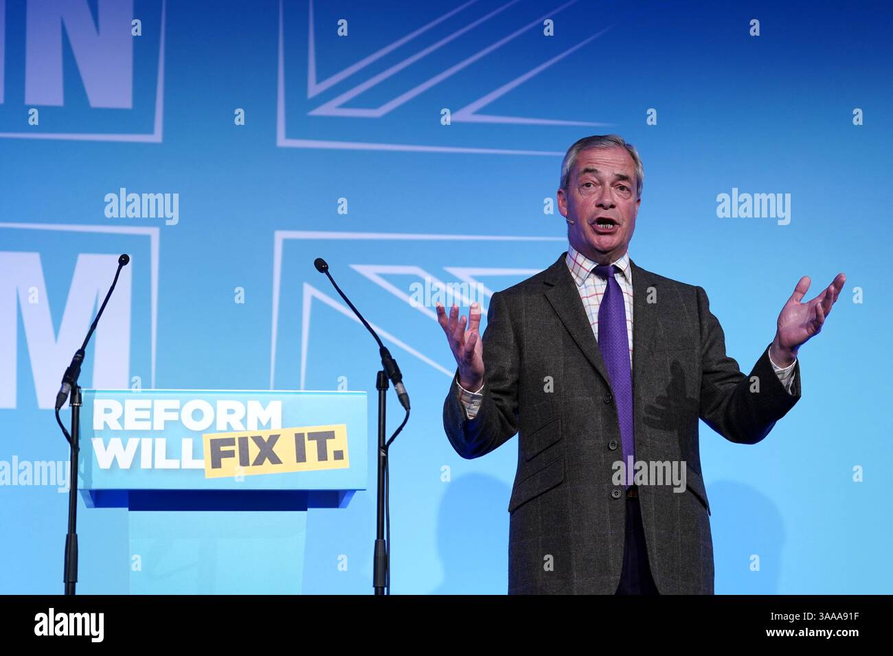 Reform UK leader Nigel Farage speaks during Reform UK's local election ...