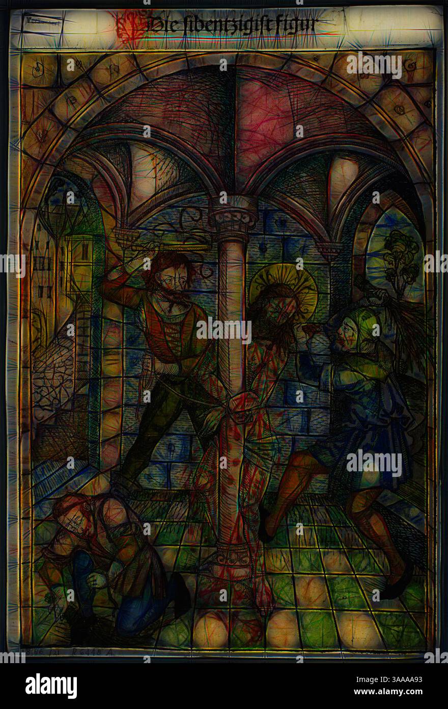 A vivid scene depicts figures engaged in a dramatic moment inside a ...