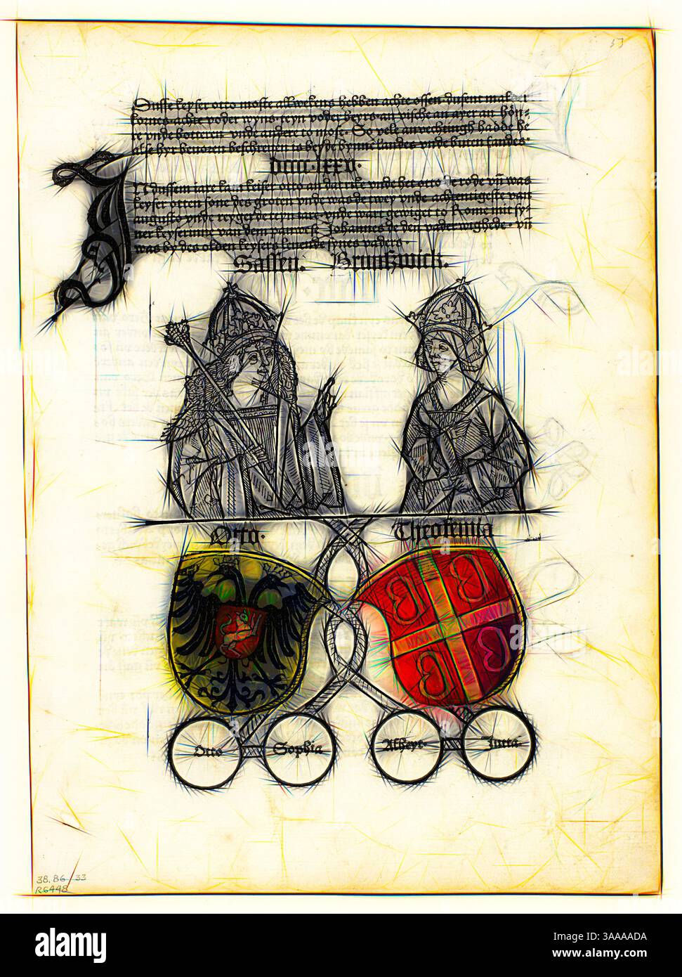 An ornate illustration features two armored figures holding books ...