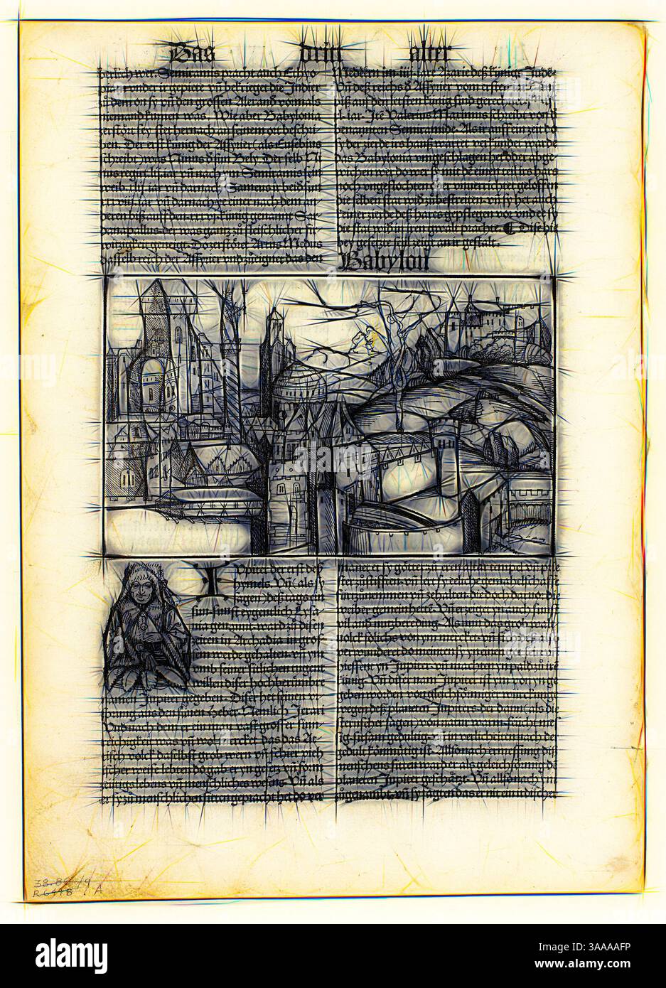 An ancient manuscript featuring intricate illustrations of a cityscape with detailed ...