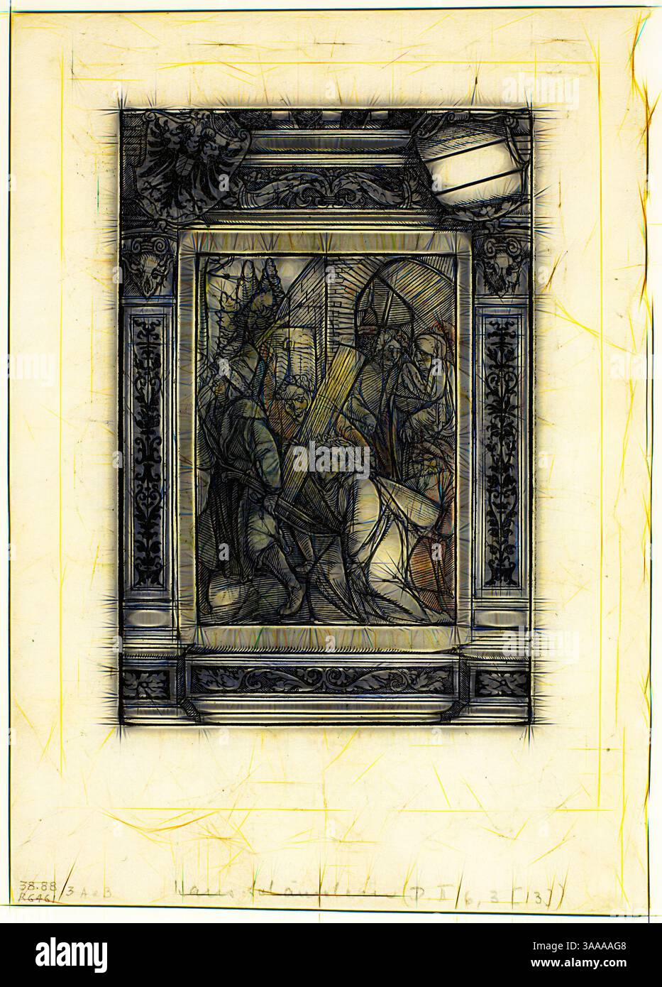 An intricate artwork featuring a central religious figure surrounded by ...