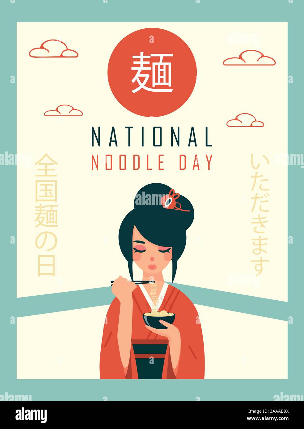 national noodle day minimalistic poster design with girl eating noodles ...