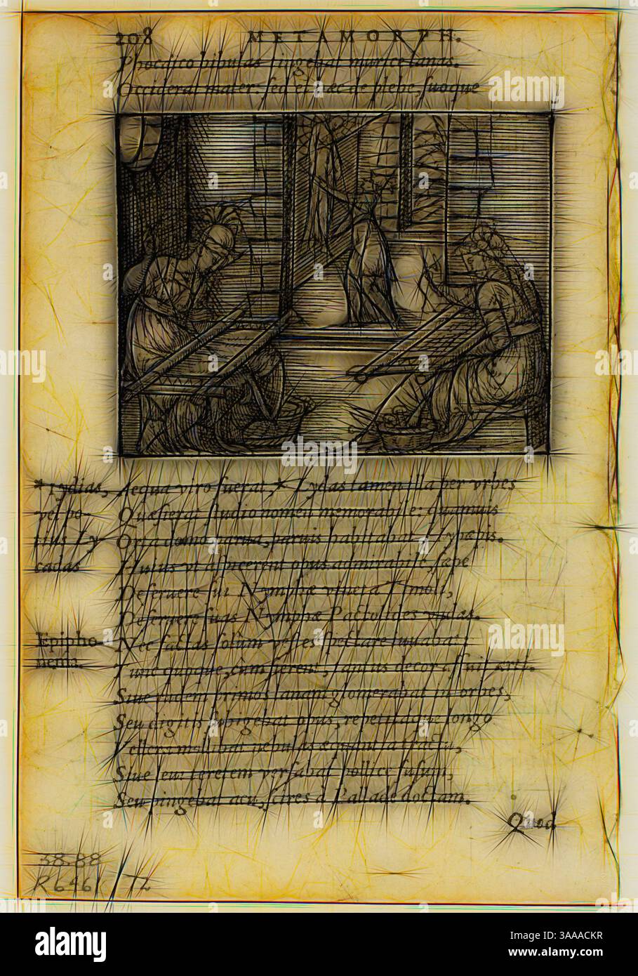 An ancient manuscript features intricate illustrations of two figures ...