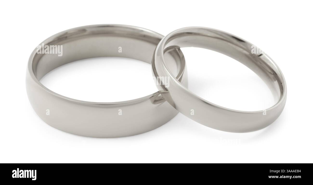 Shiny silver wedding rings isolated on white Stock Photo - Alamy