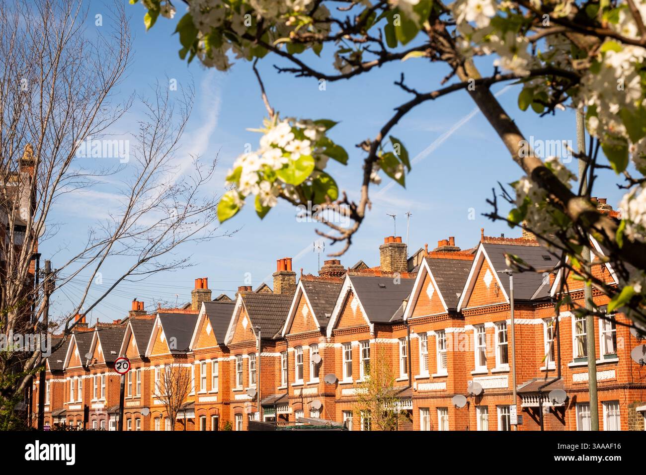 UK- row of typical red brick terraced victorian houses in suburban ...