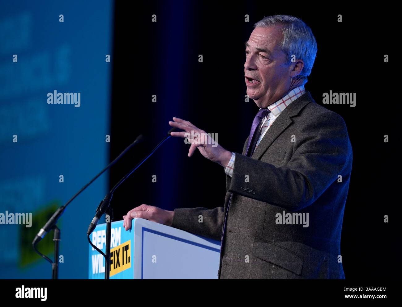 Reform UK leader Nigel Farage speaks during Reform UK's local election ...
